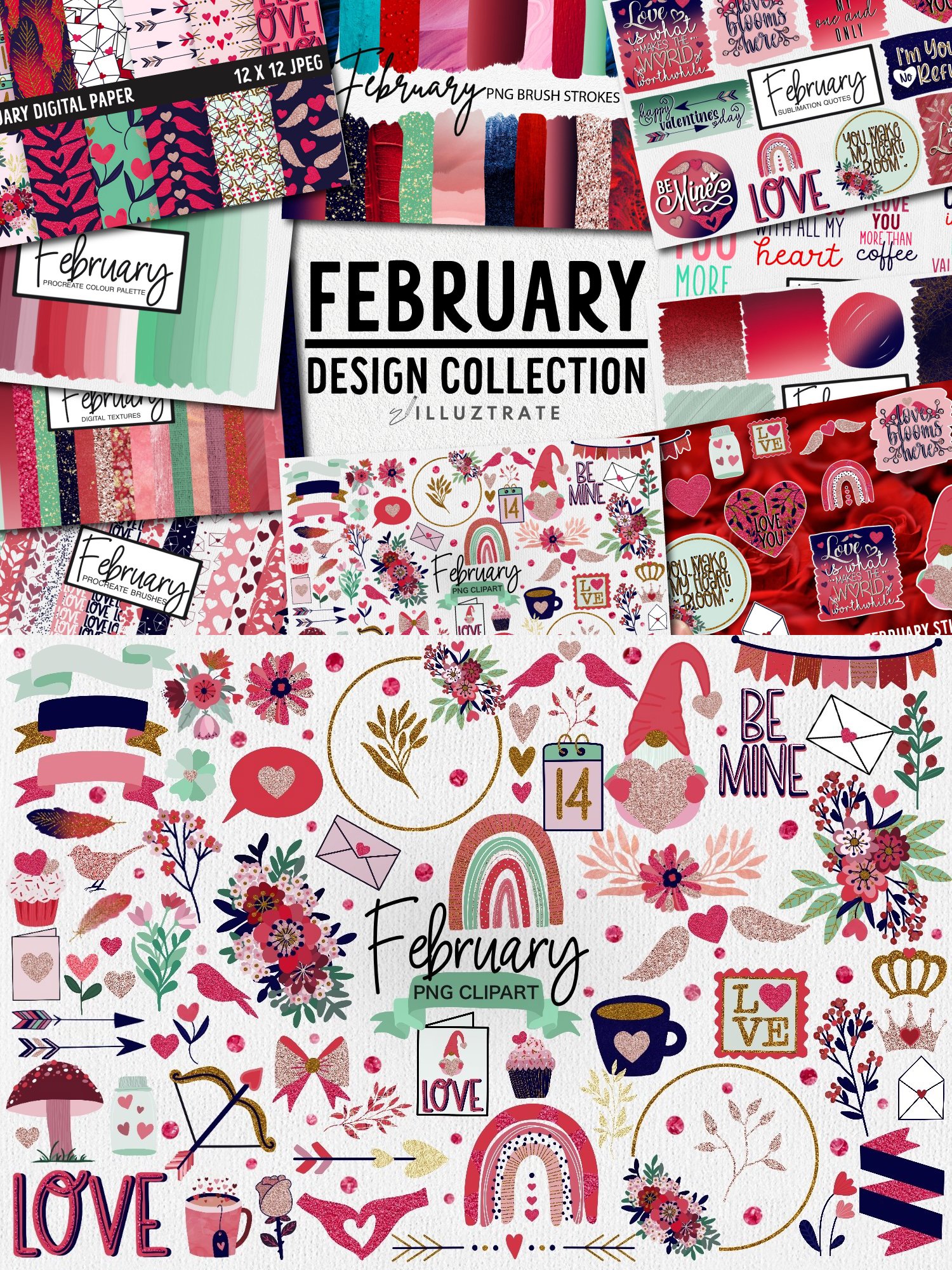 February Design Collection | Brushes Clipart and Patterns