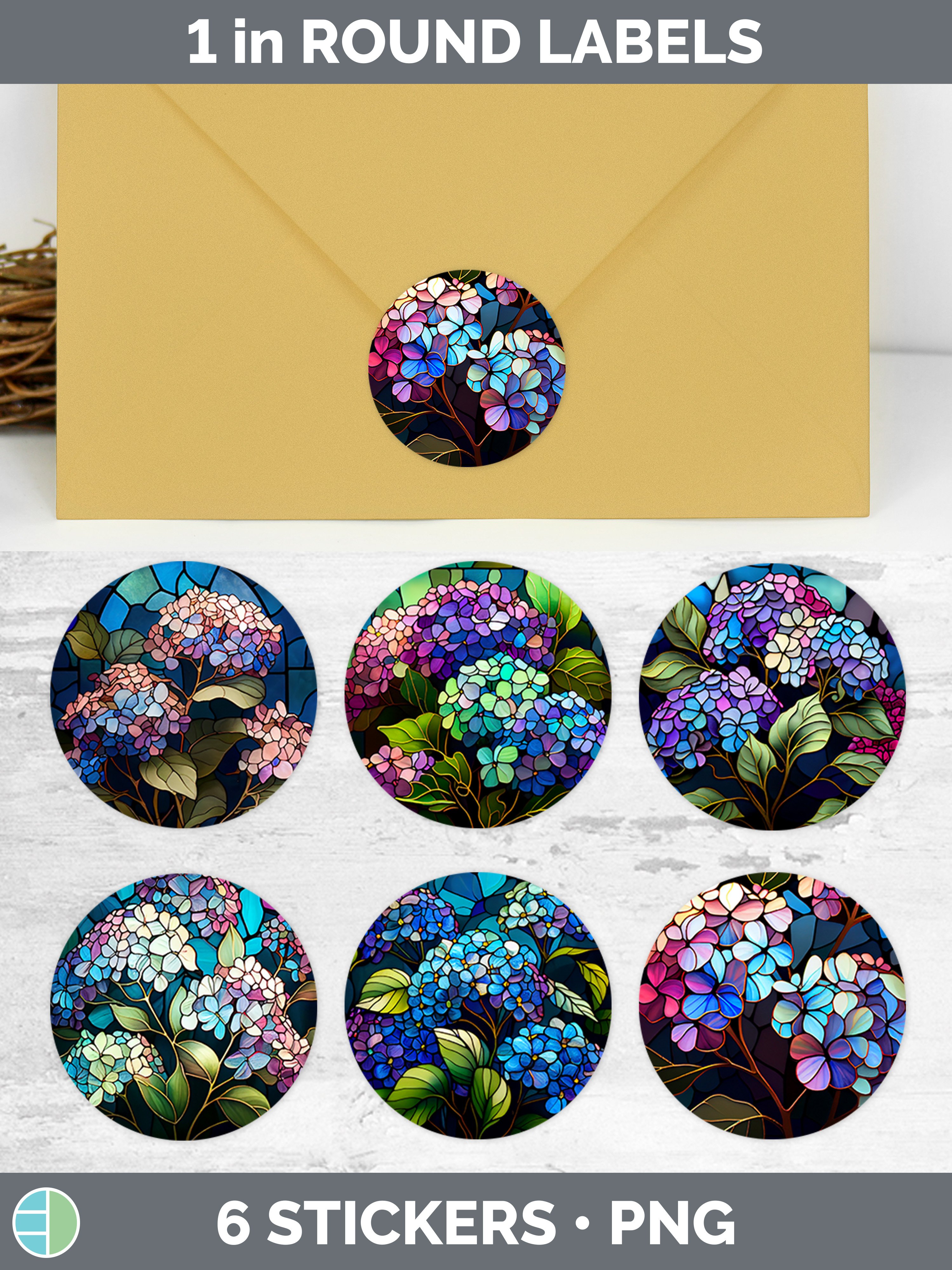 Stained Glass Hydrangea Flowers Stickers | Round Labels Desi