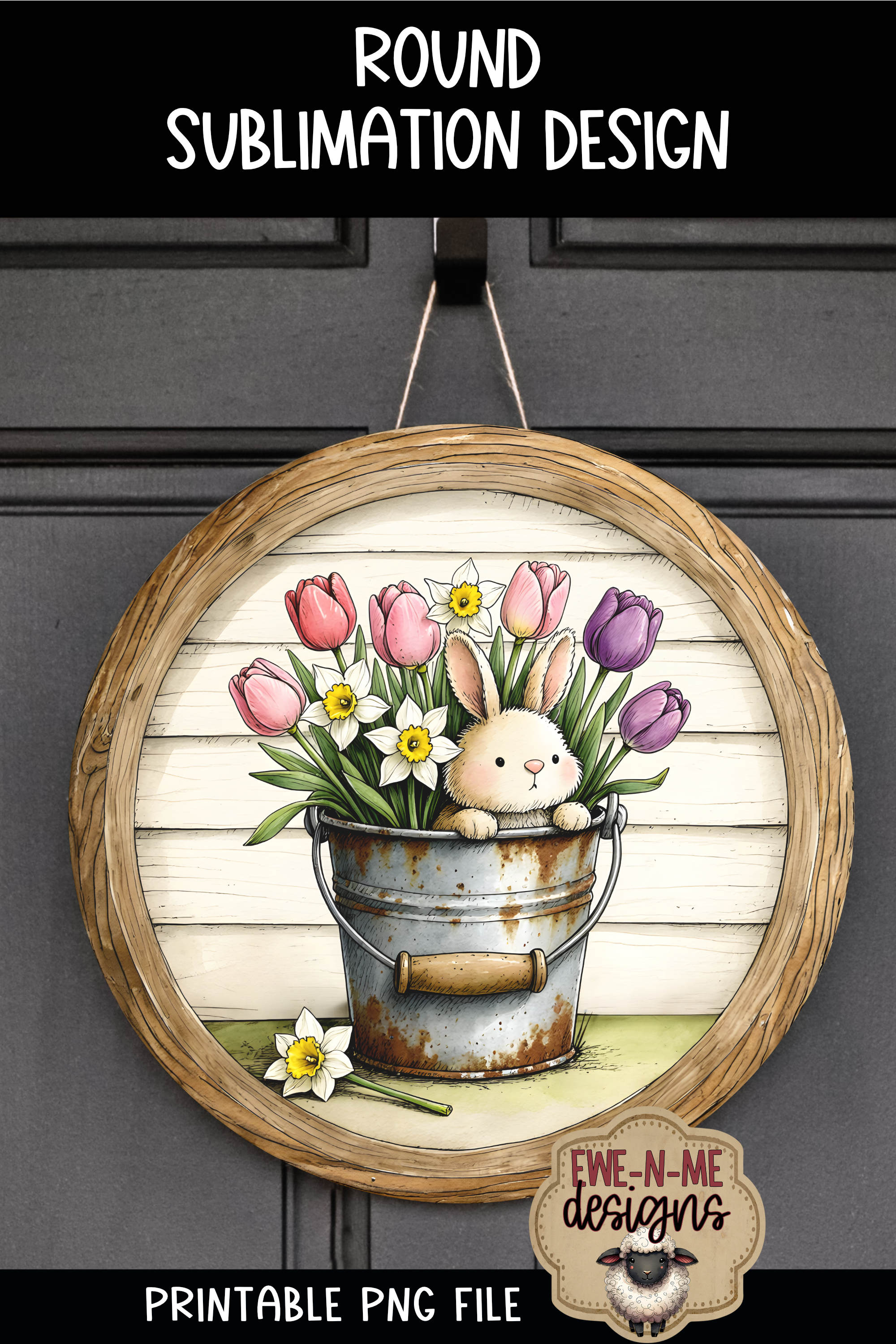 Floral Bunny Bucket Sublimation Design | Spring Round PNG