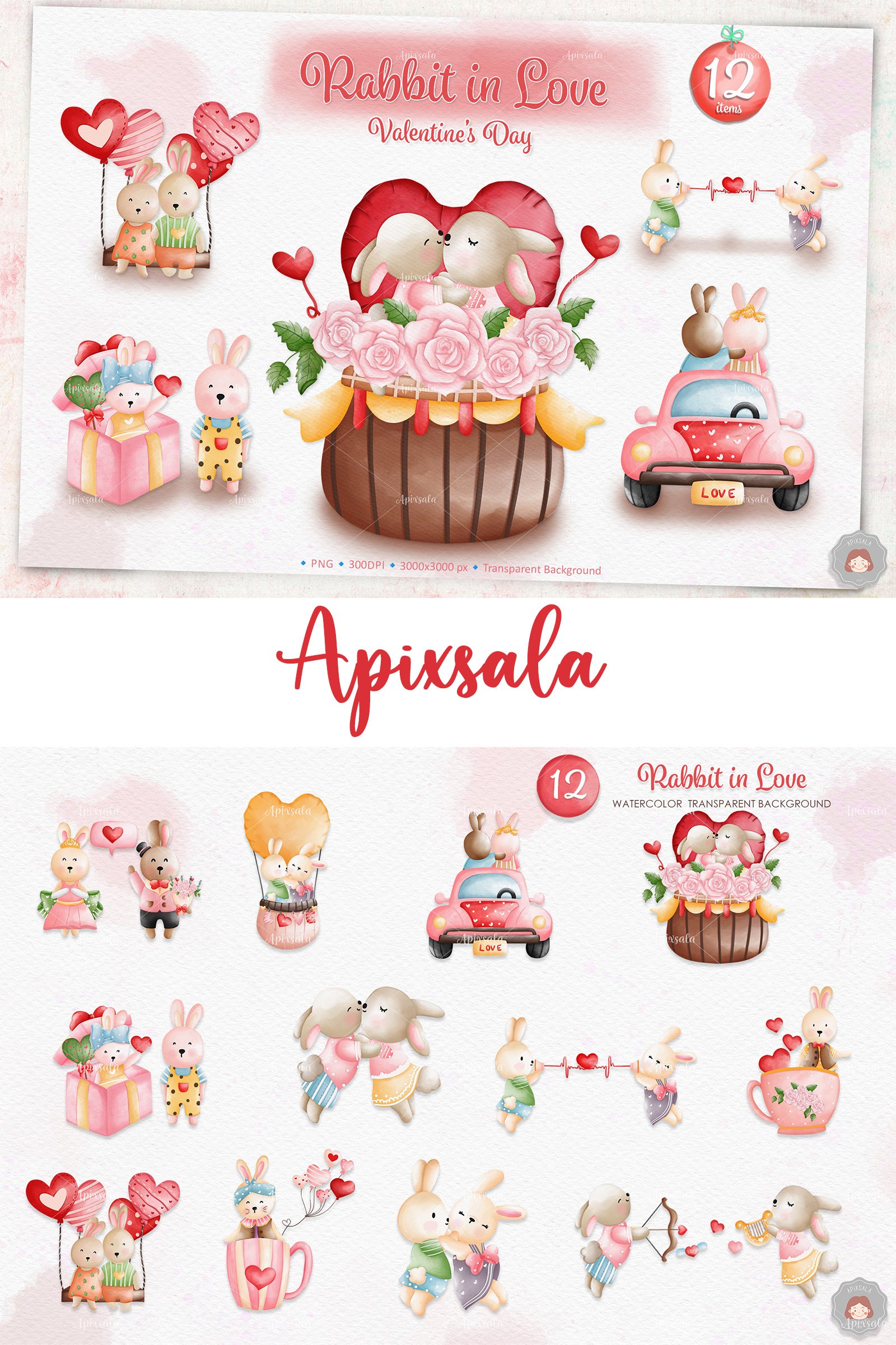 Watercolor Rabbit in Love Valentine day | Easter Bunny