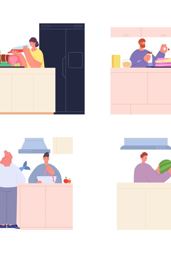 Cooking characters. Dinner on kitchen, prepare food for lunc