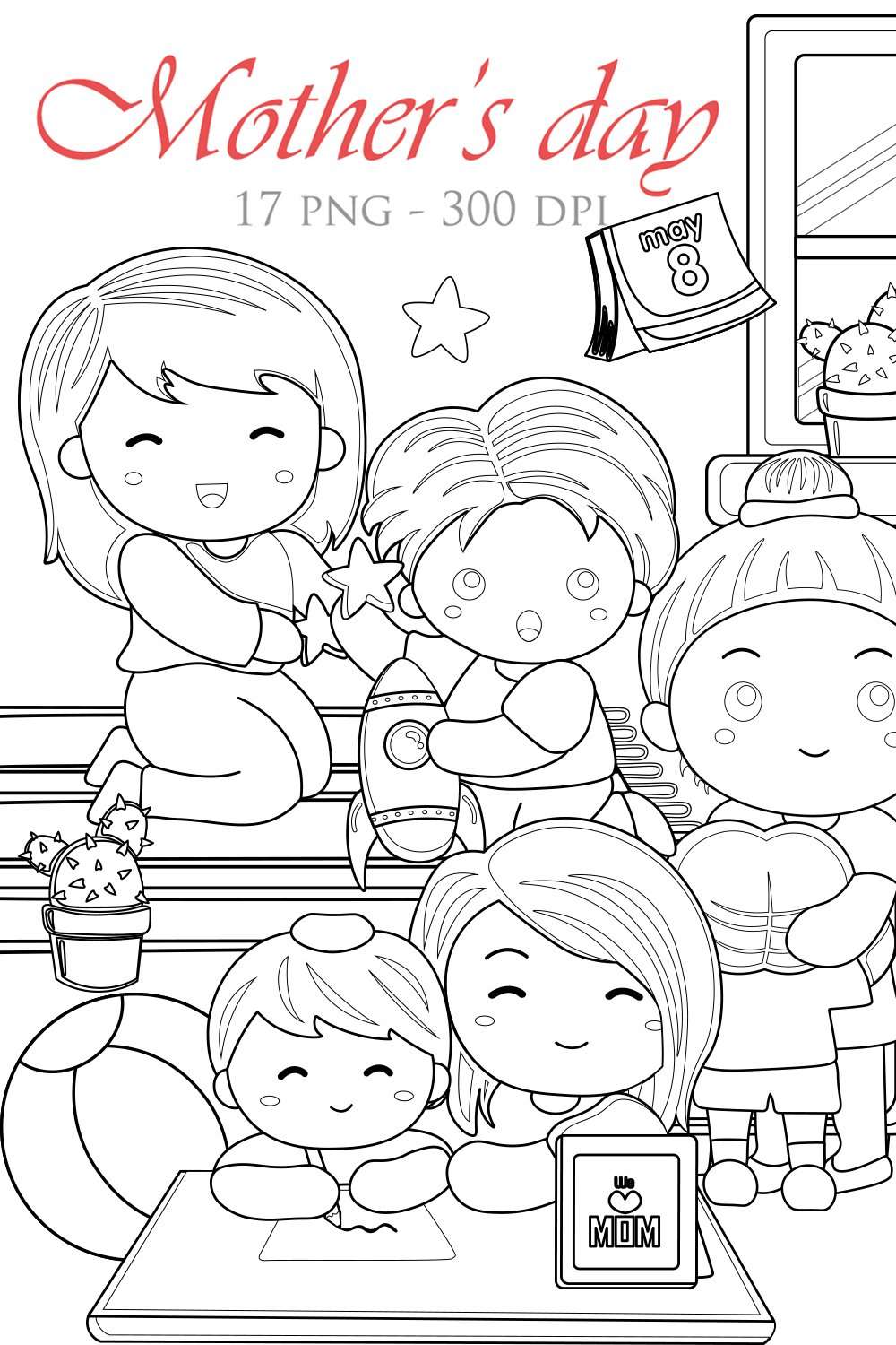 Love Mother's Day and Kids at Home Digital Stamp Outline