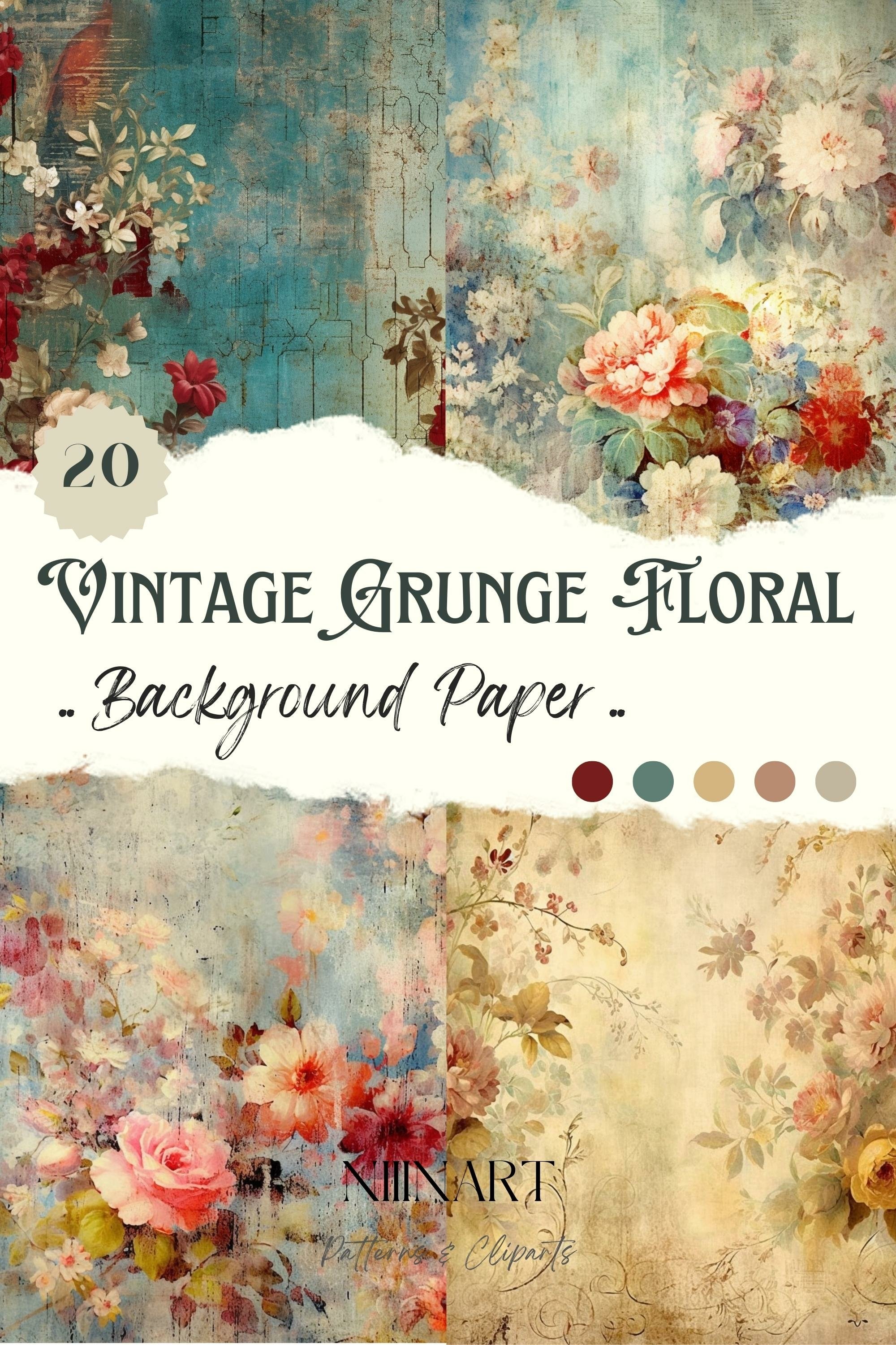 Vintage Floral Grunge Digital Paper, Ephemera Paper