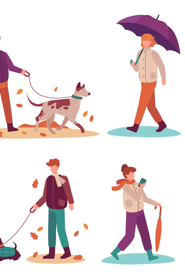 People in fall season. Men and women walk street, ride bicyc