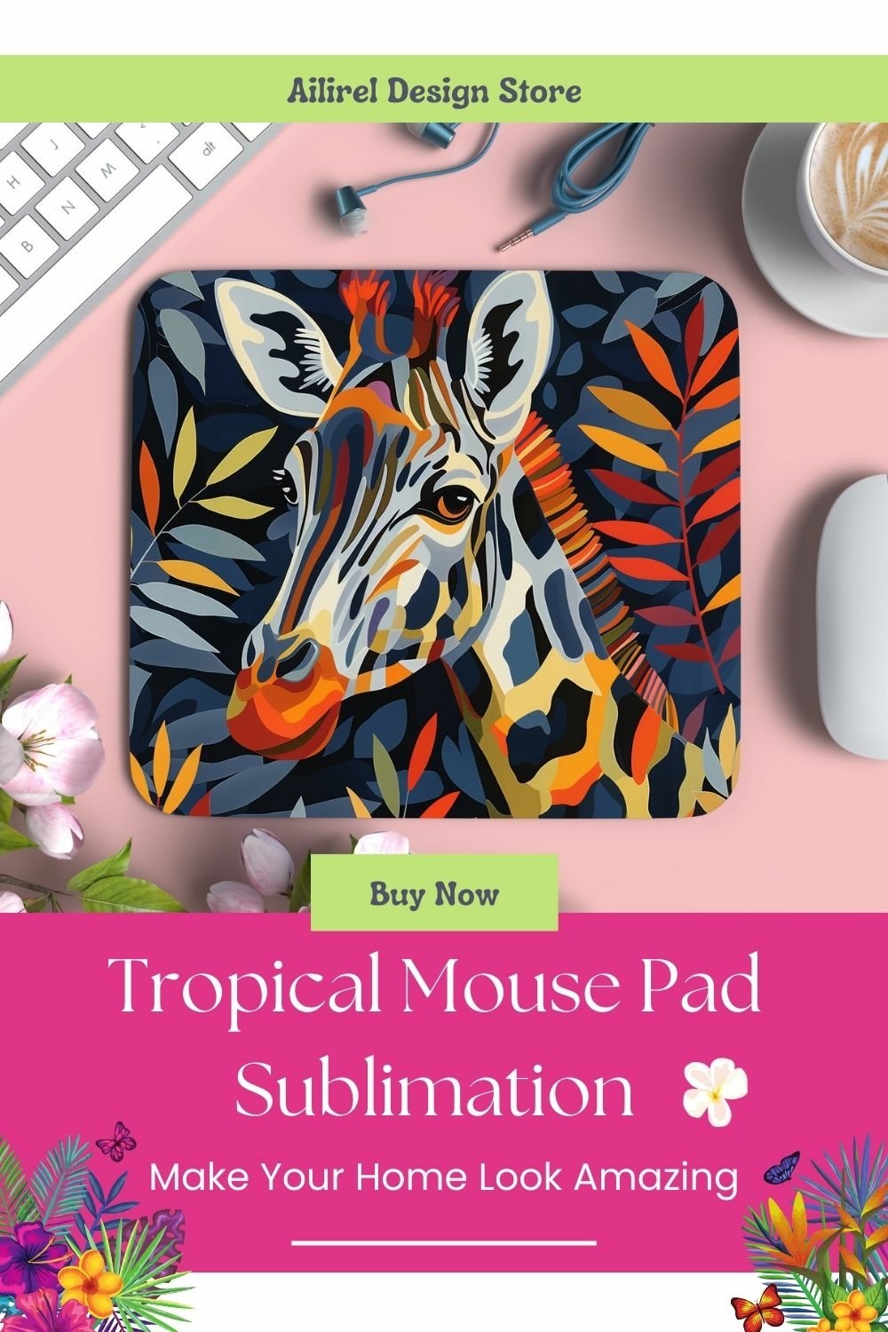Giraffe Mouse Pad Wrap, Tropical Leaves Mousepad Template