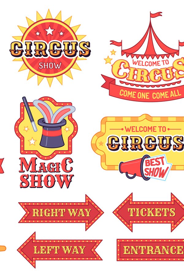Vintage circus labels. Welcome show boards, carnival invitat