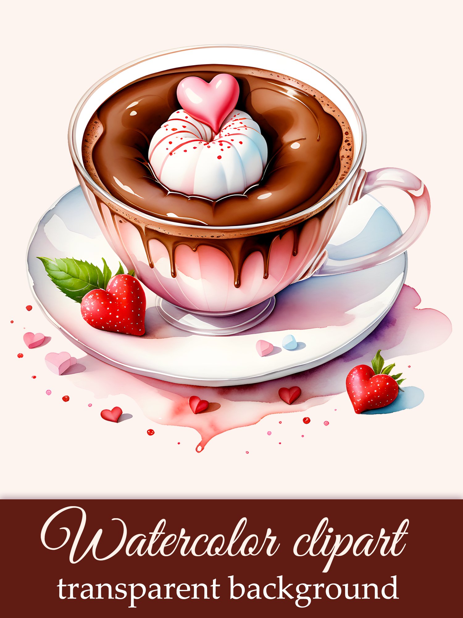 Watercolor coffee cup with hearts and chocolate, clipart Png