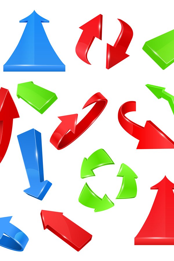 Multicolored 3d glossy arrows. Pointing signs vector set