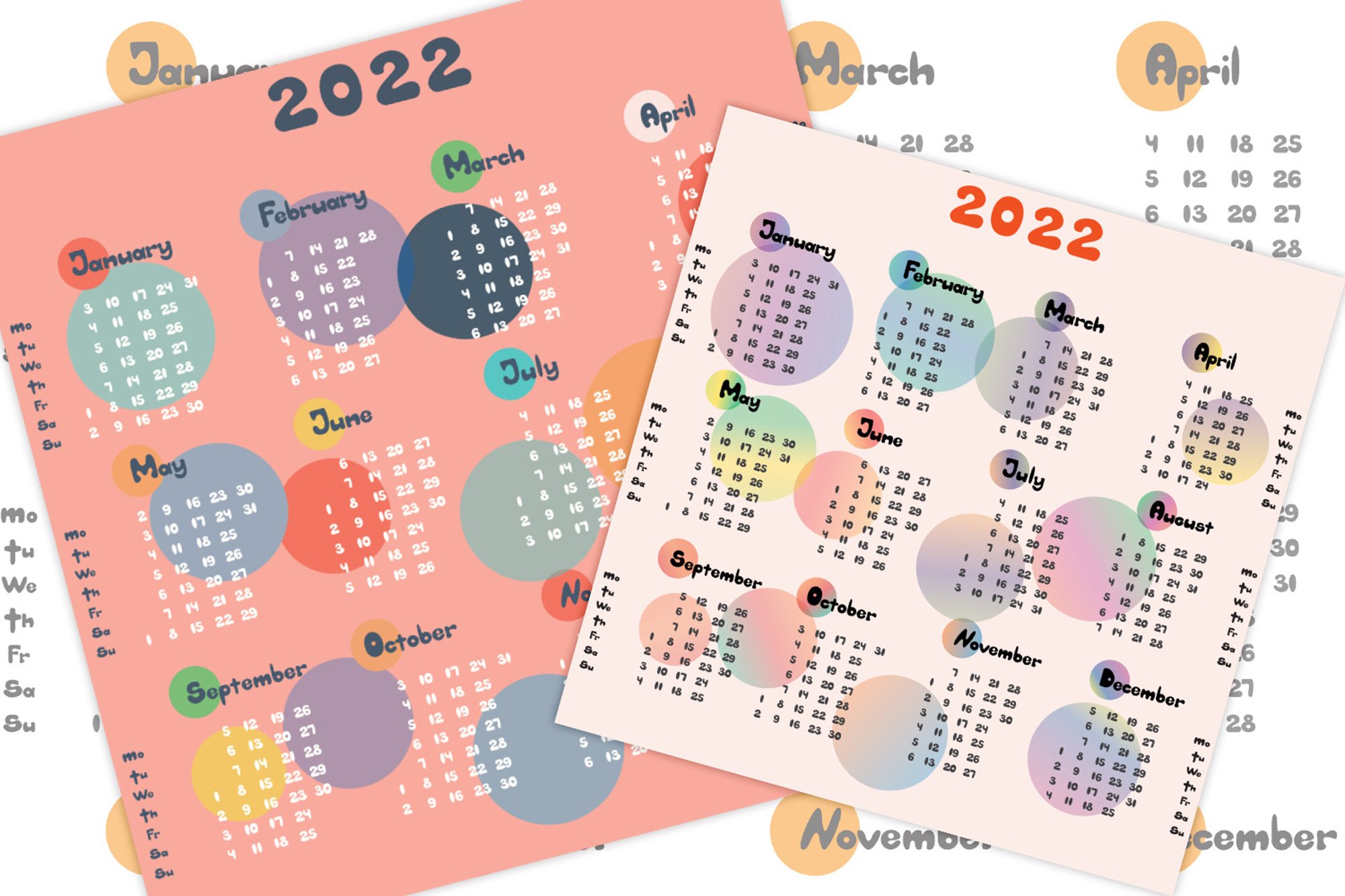Calendar 2022 design with 2 colorful schemes. (1619271)