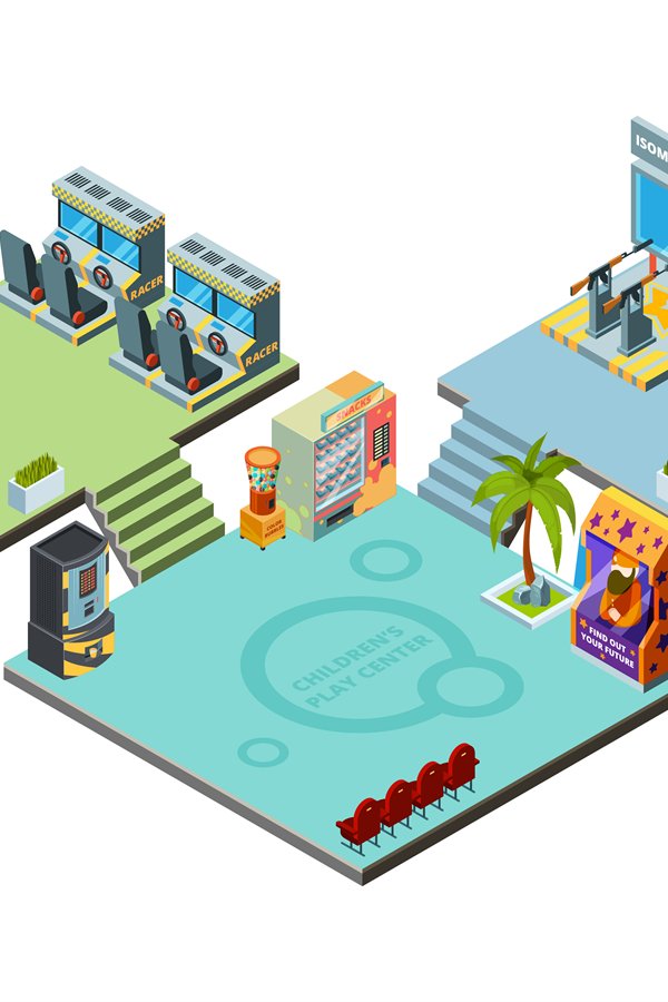Game center. Amusement park for kids playing game machines a