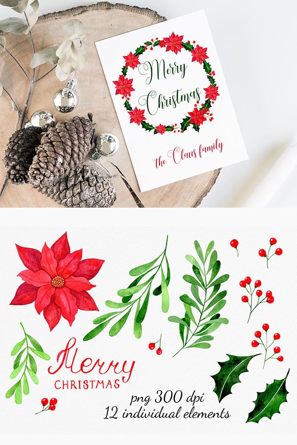 Christmas floral elements clipart for card DIY. (921090)