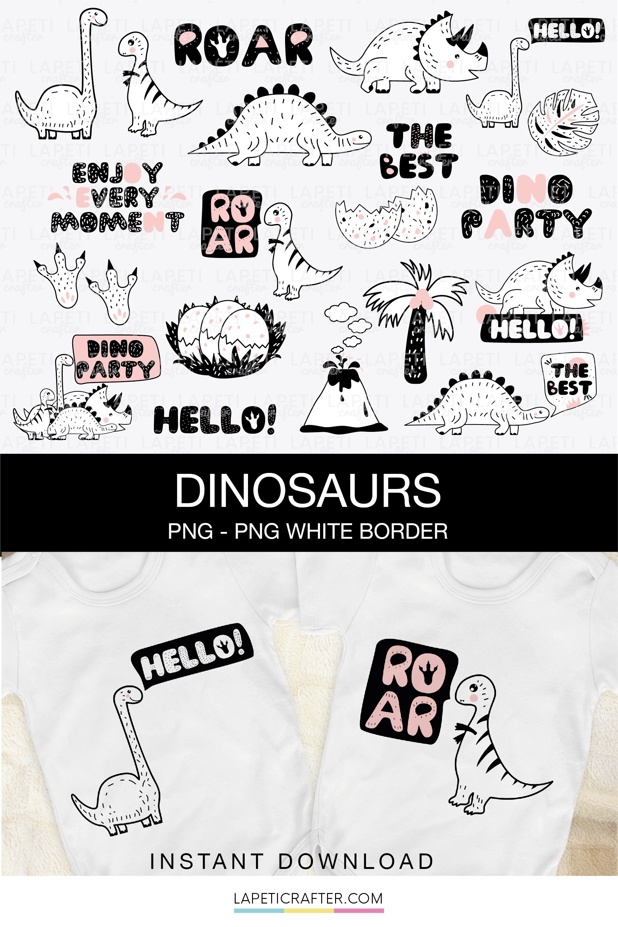 Black and White Dinosaur Clipart | Digital stickers png