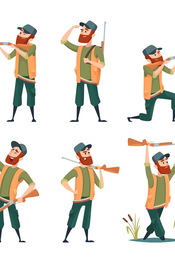 Cartoon hunters. Various characters of hunters at action pos