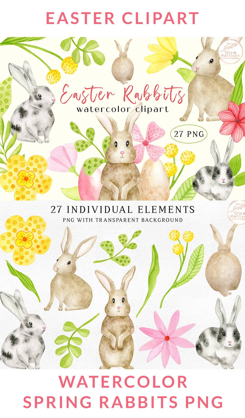 Easter Rabbit Clipart. Watercolor Bunny and Flowers PNG Set