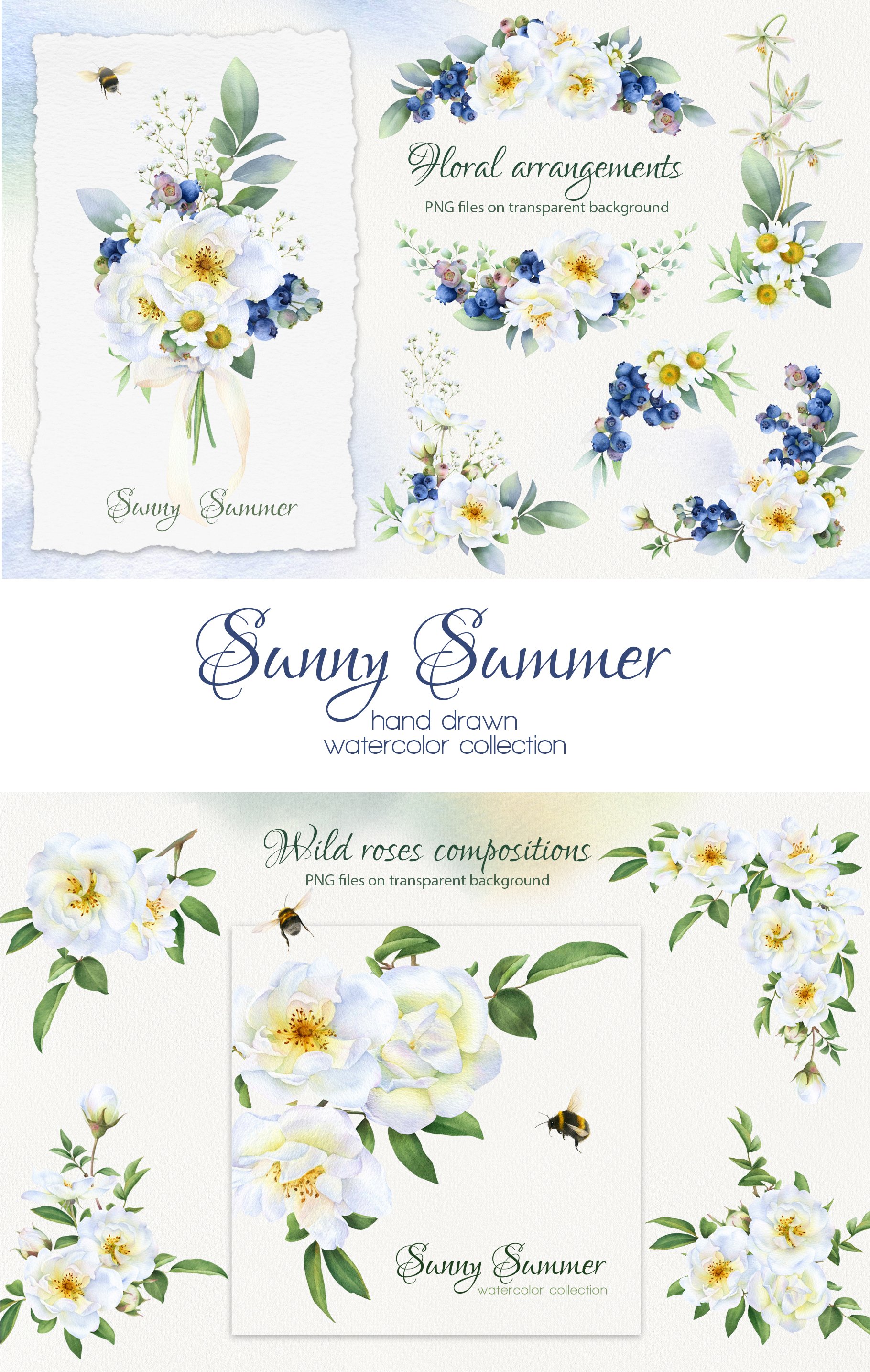 Sunny Summer watercolor set. Floral clipart. White flowers