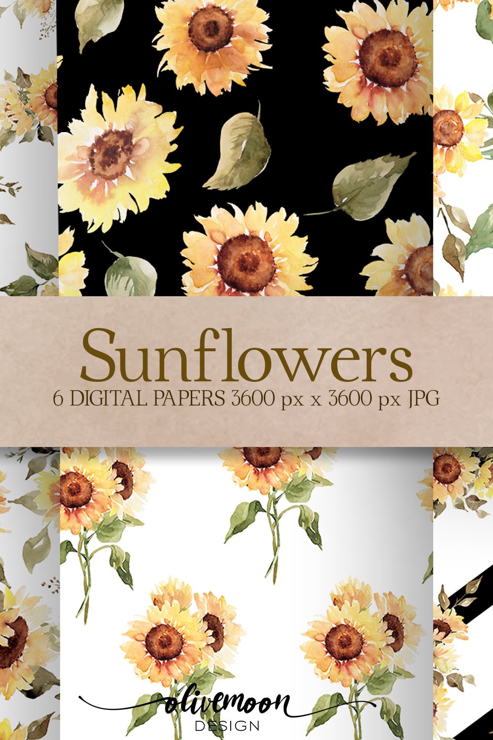 Sunflowers Digital Paper Watercolor Sunflower Pattern JPG