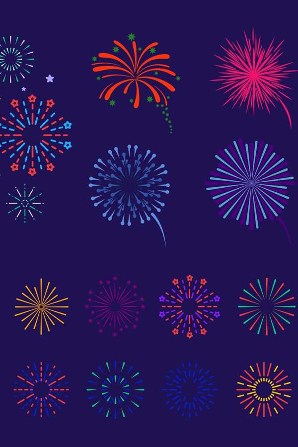 Firework collection. Color fireworks, festive fires. Bright