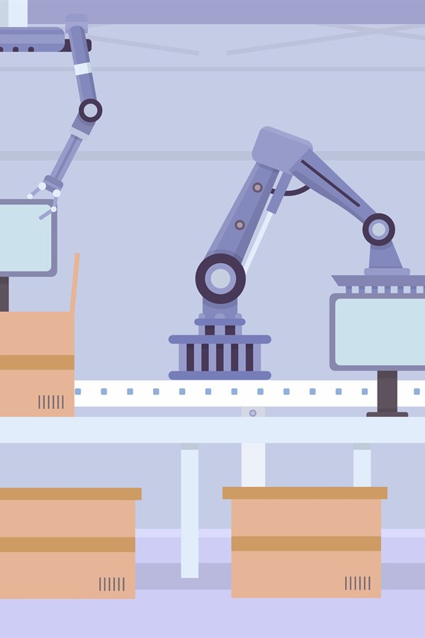 Flat automated robot arms on factory assembly line. Manufact