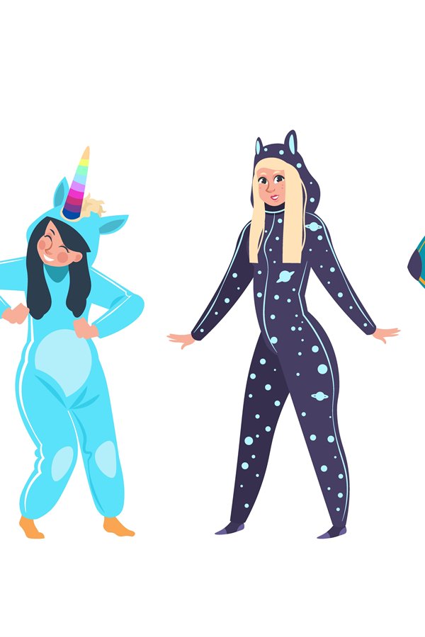 Pajamas characters. Happy cartoon persons in superhero and a