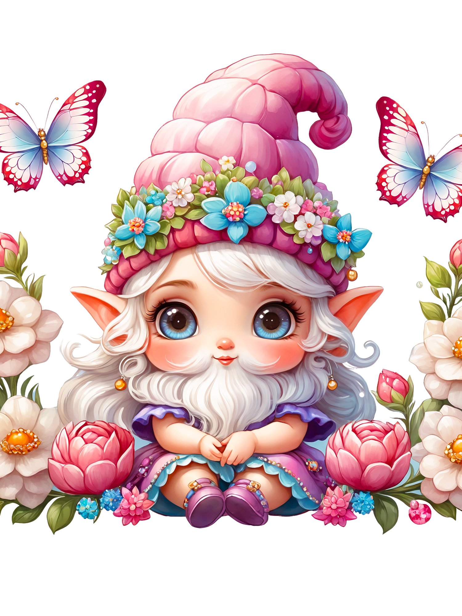 Cute Garden Gnome Girl in Flowers Clipart PNG