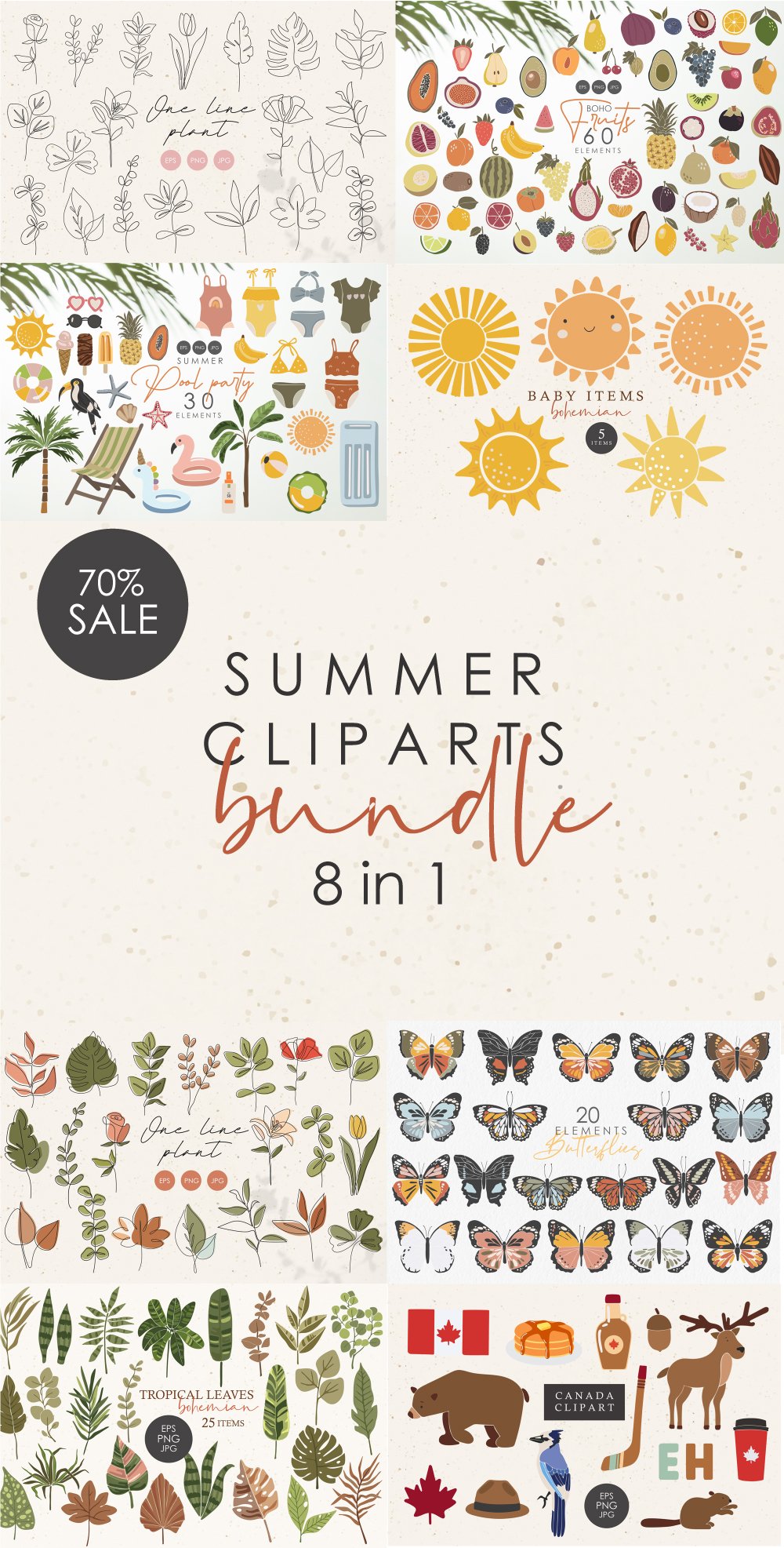 Summer cliparts bundle, Digital download, Tropical elements
