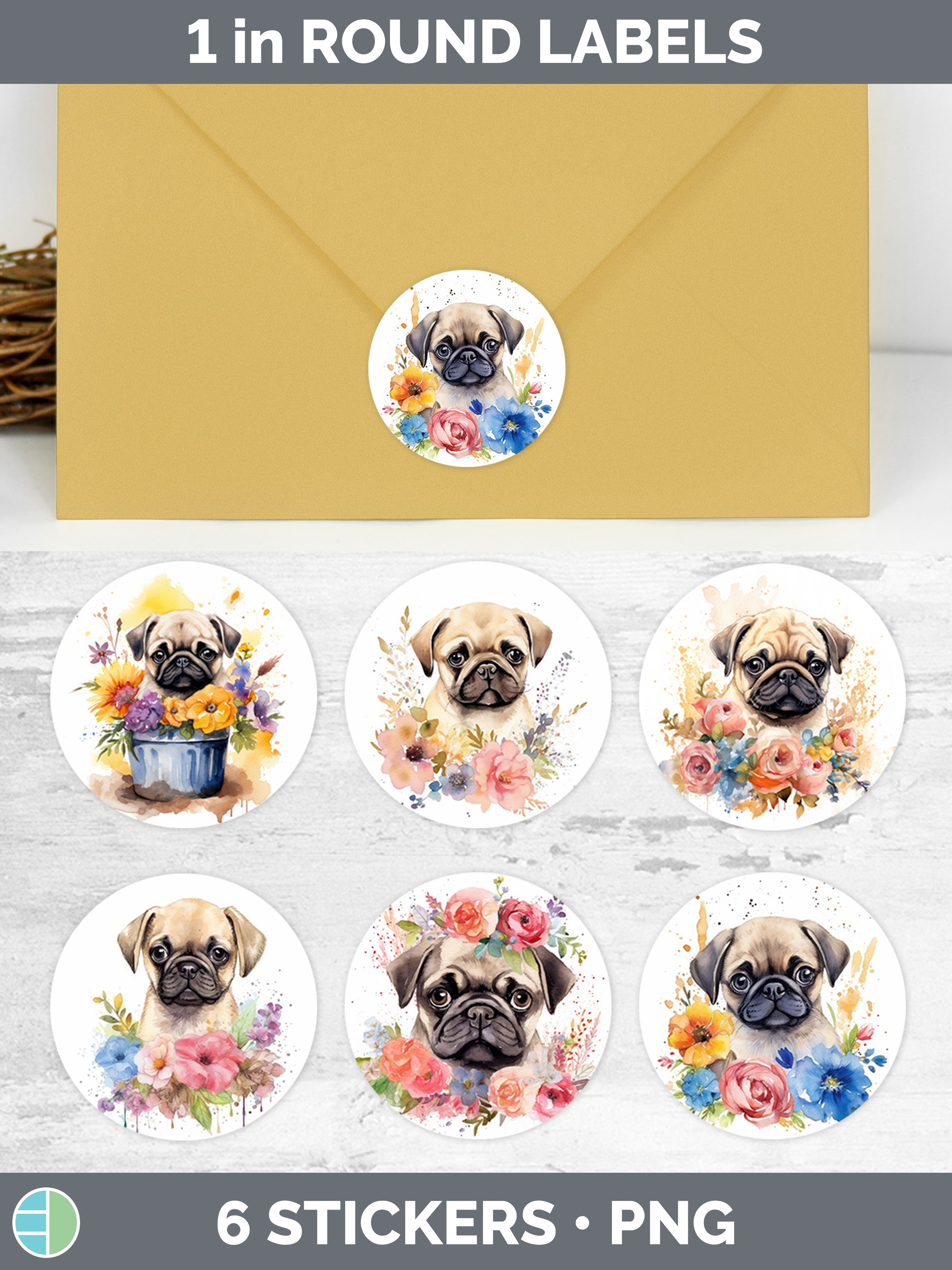 Watercolor Pug Dog Stickers | Round Labels Designs Bundle