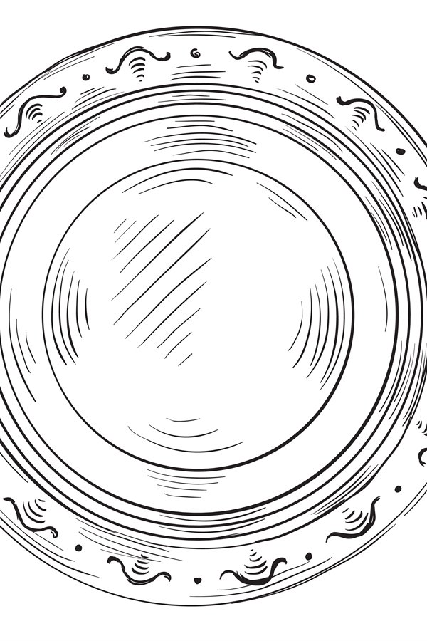 Vintage table setting. Hand drawn dinner knife, sketch plate