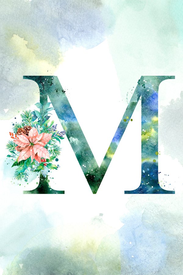 Christmas Watercolor Letter, Monogram M. Sublimation Design