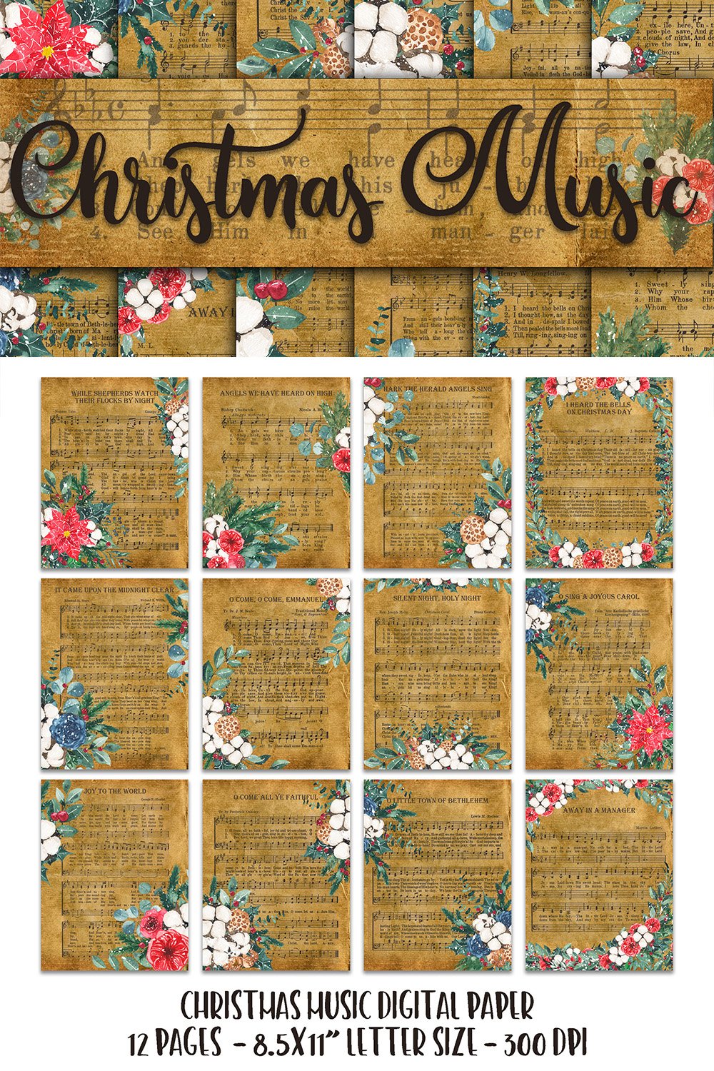 Floral Christmas Music Digital Papers