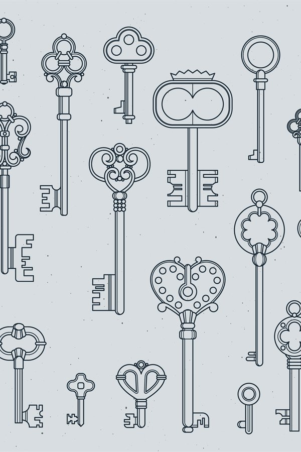 Antique keys set. Hand drawn medieval vector illustrations o