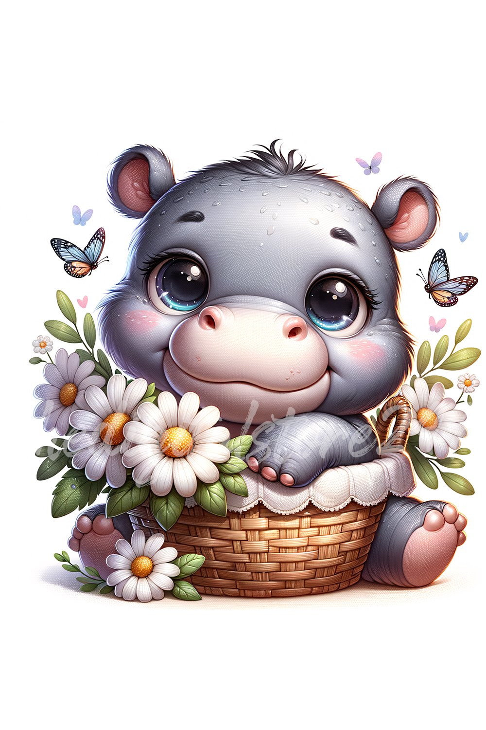 Cute Hippo with Daisy Florals JPG Design (3563564)