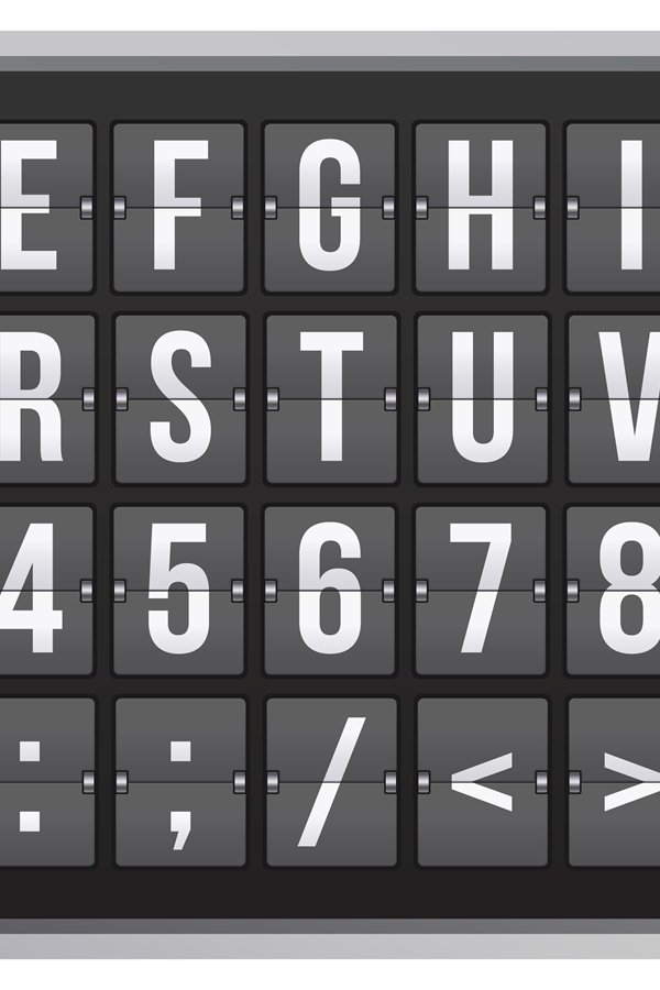 Realistic scoreboard flip latin alphabet, numbers, symbos