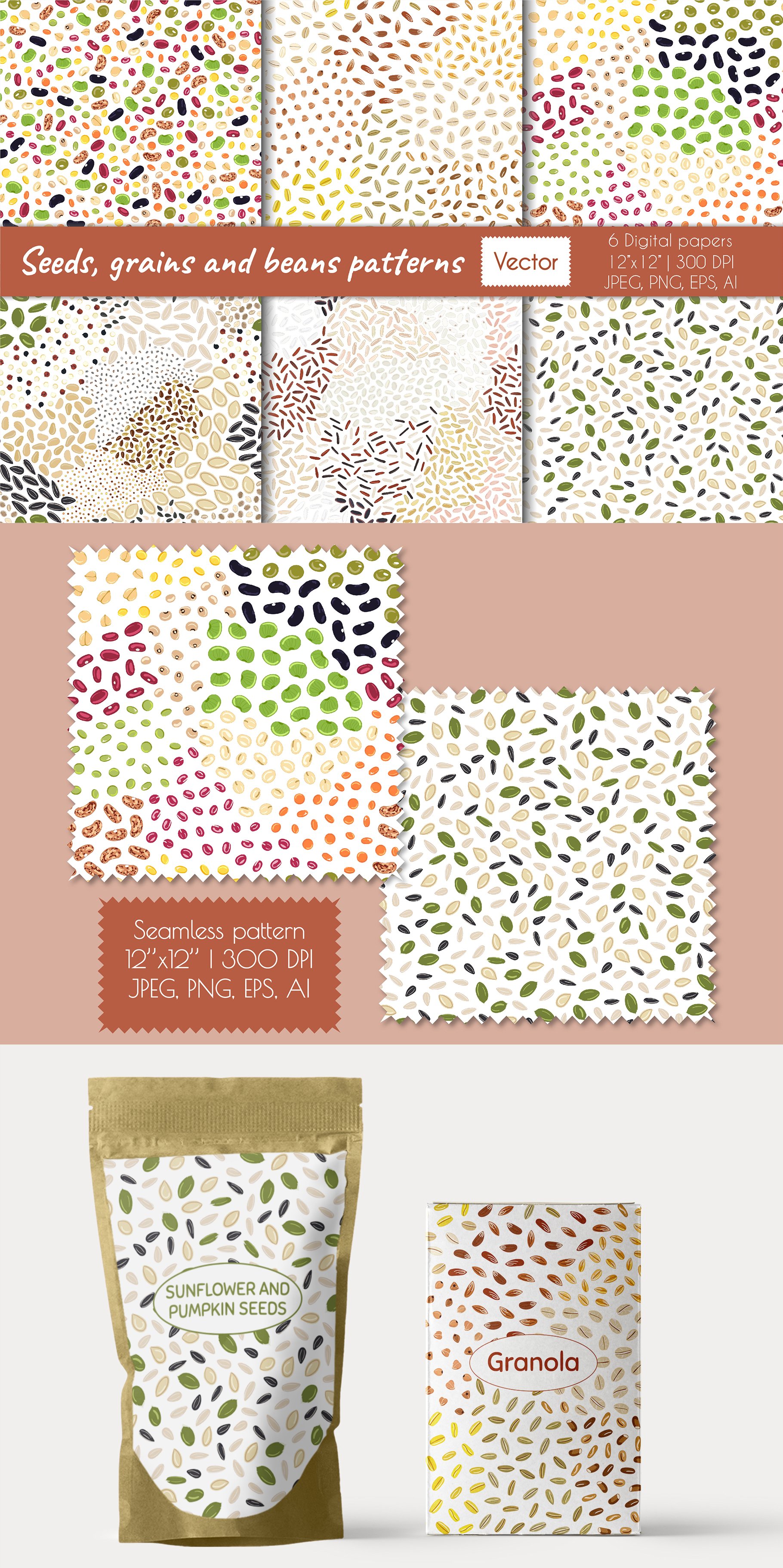 Vector seamless patterns collection of seeds and grains