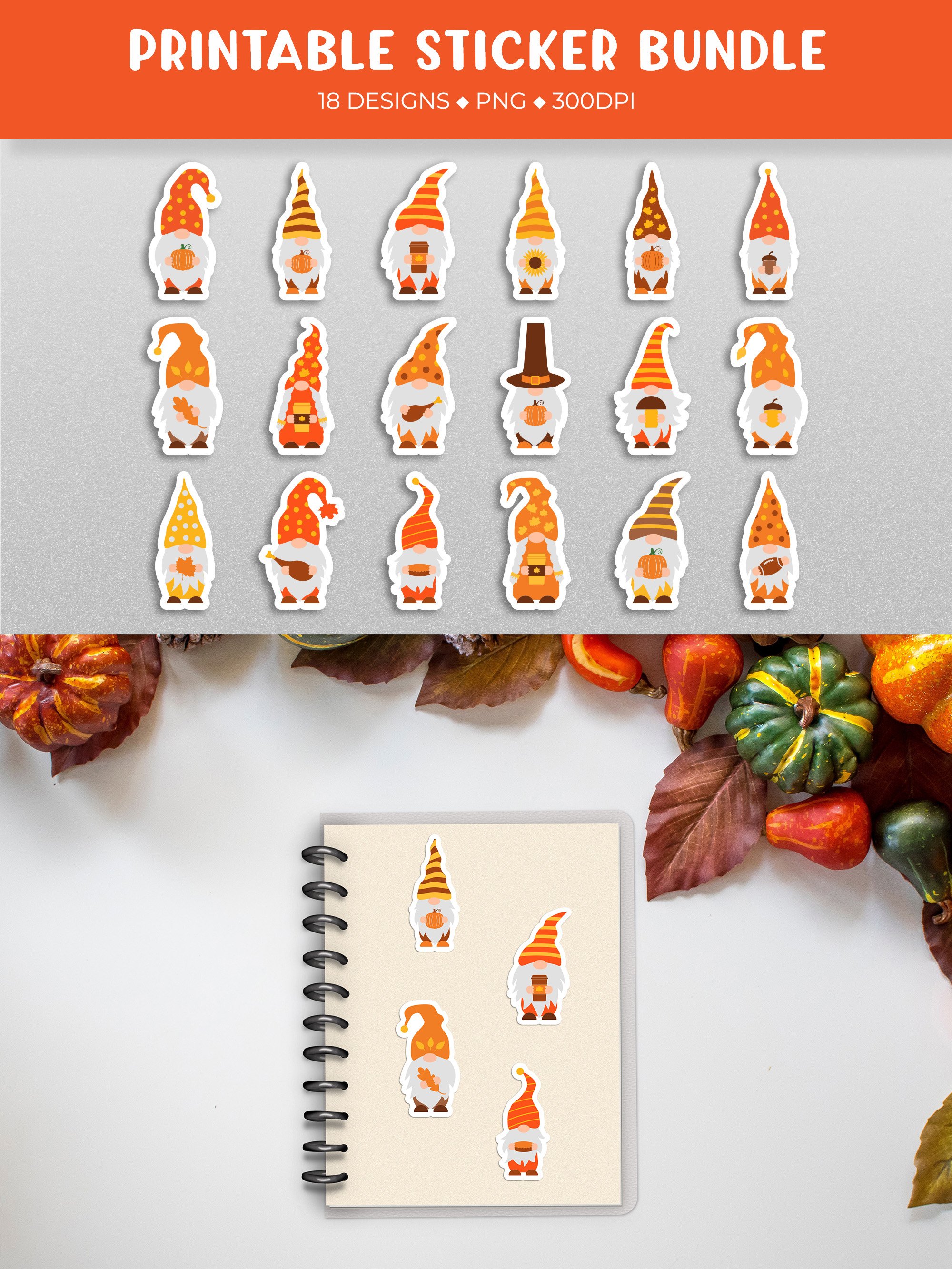 Fall gnomes sticker bundle. Autumn stickers printable