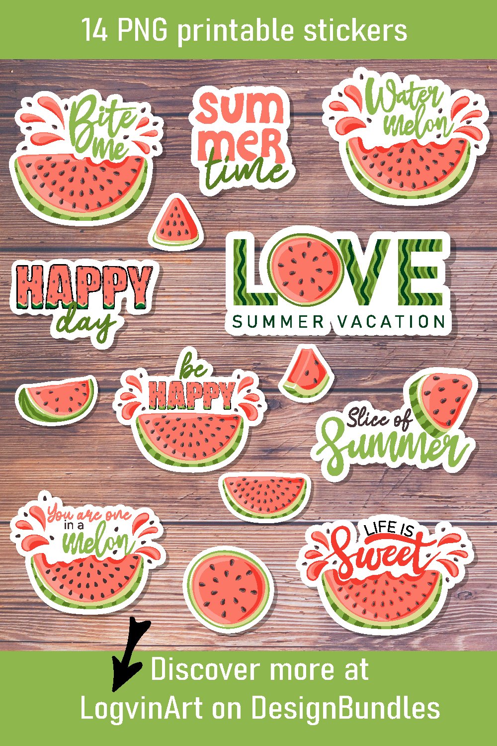 Watermelon sticker pack, 14 png printable stickers