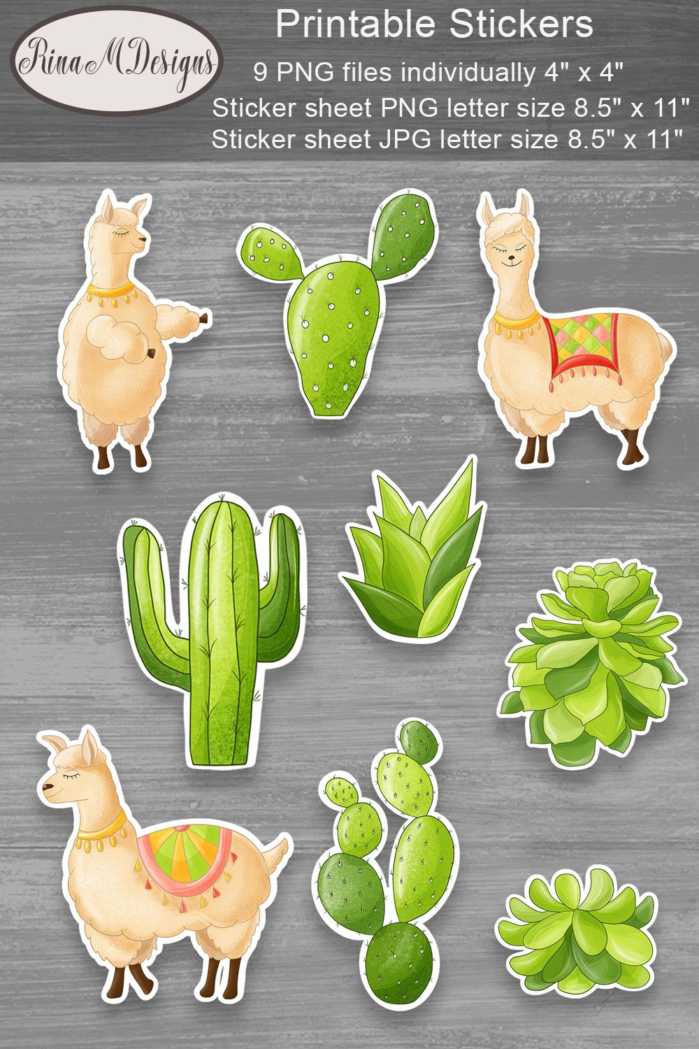 Llama and Cactus Printable Stickers. PNG JPG files.