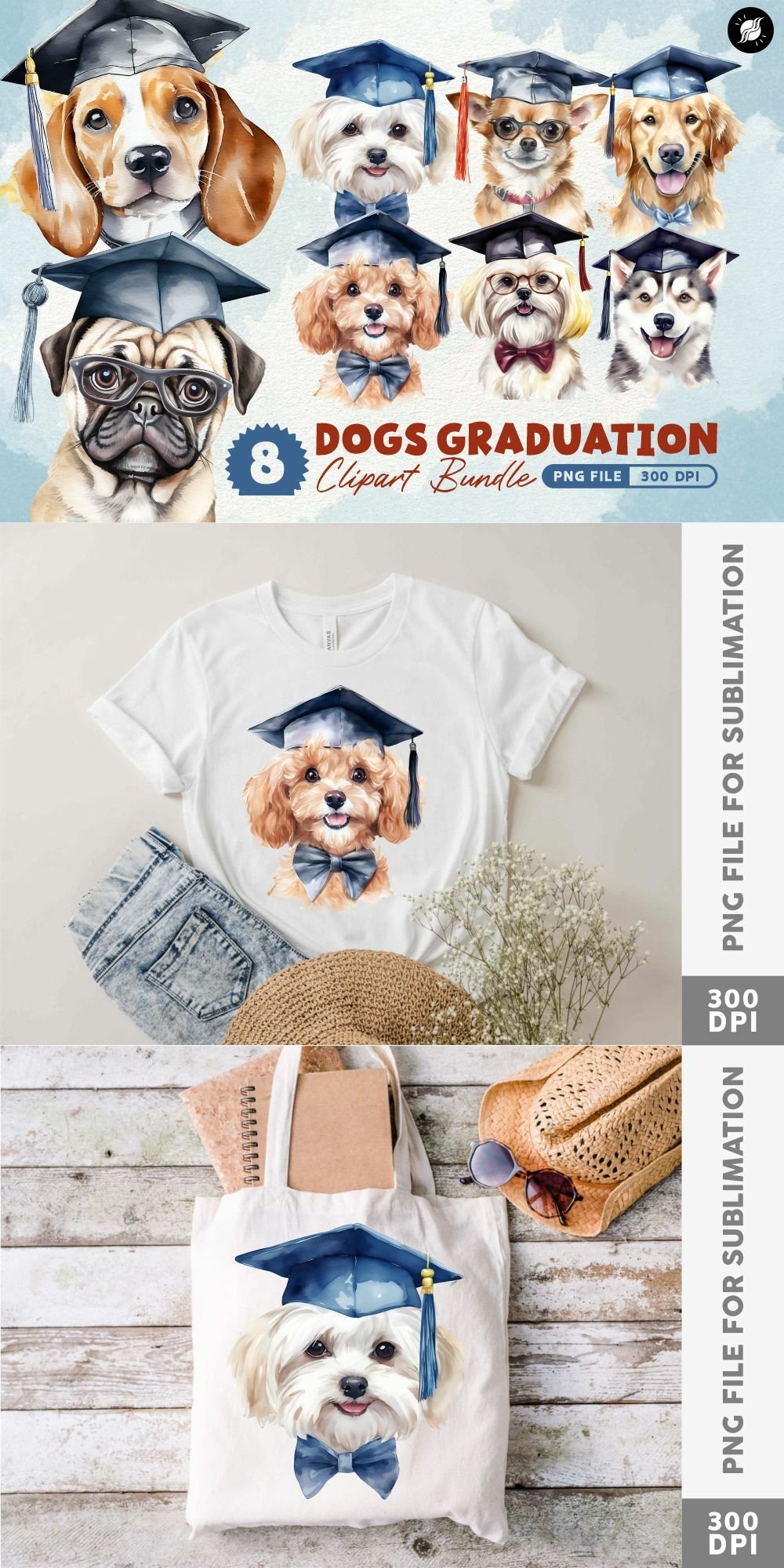 Dogs Graduation Clipart PNG Bundle for Sublimation