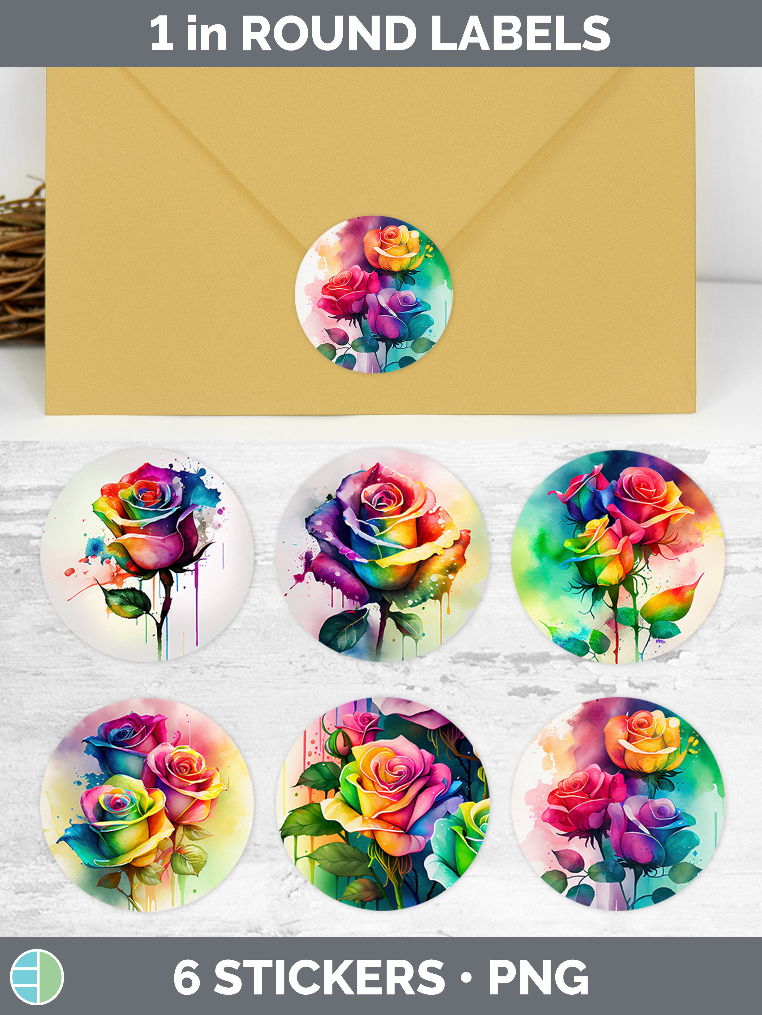 Rainbow Rose Flowers Stickers | Round Labels Designs Bundle