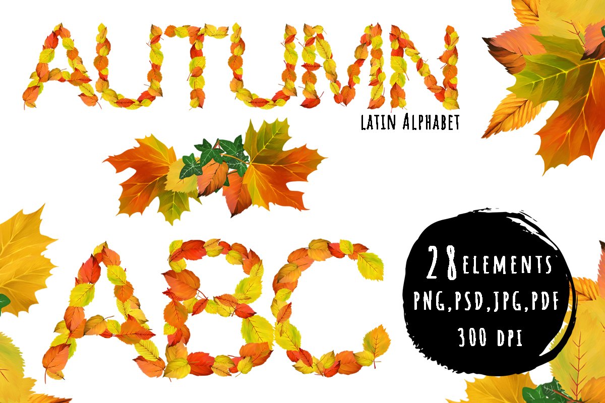 Bright leaves alphabet. Golden autumn ABC bundle