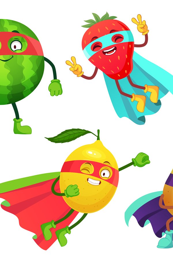 Superhero fruit. Super apple, berry and orange in hero cloak
