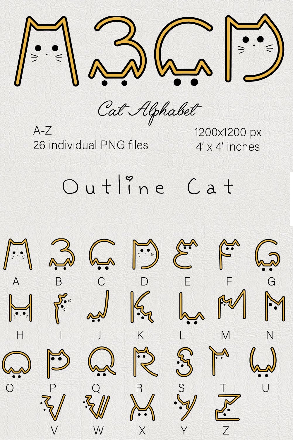 Cats alphabet. Cute ABC. Abstract lettering. Cartoon letters