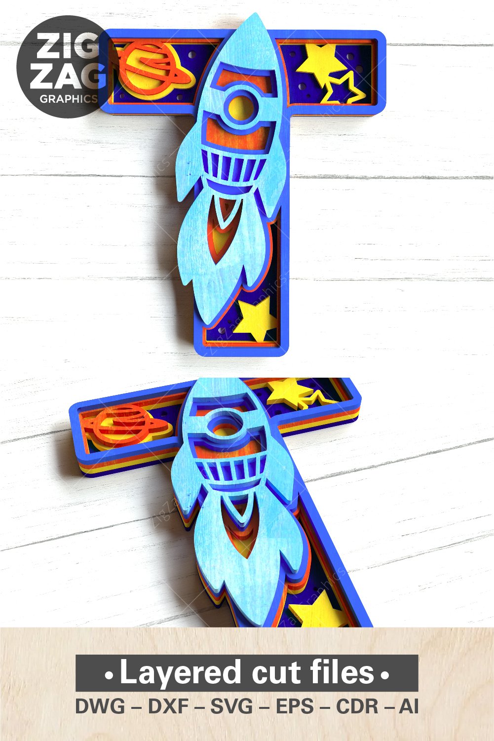 layered kids letter T with space rocket astronaut and stars