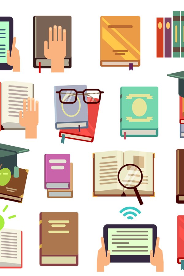 Library, books reading flat vector icons