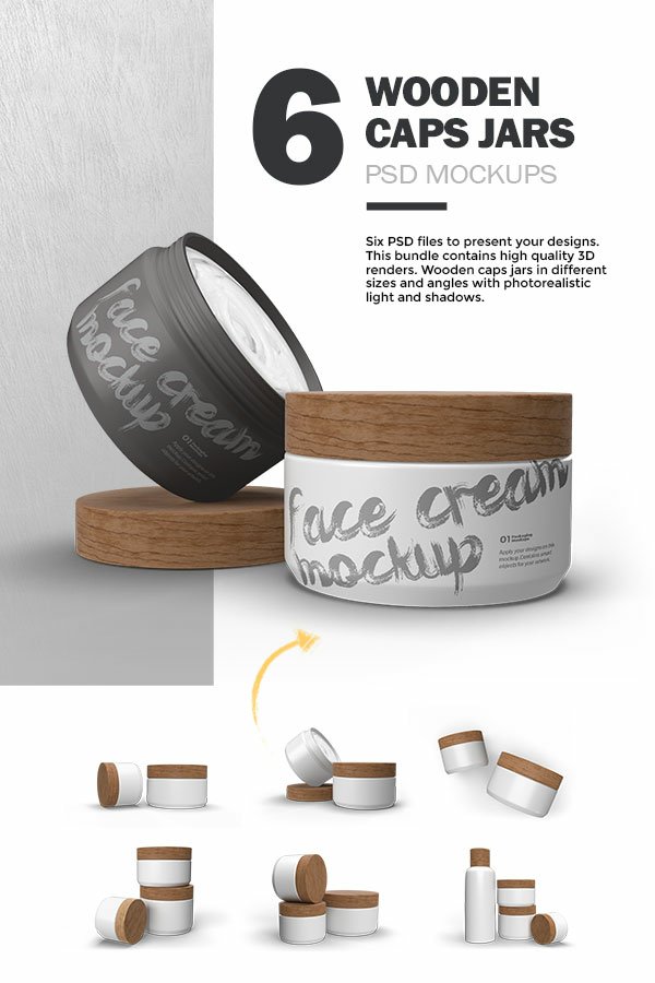 Wooden Lids Jars - 6 PSD Mockups files