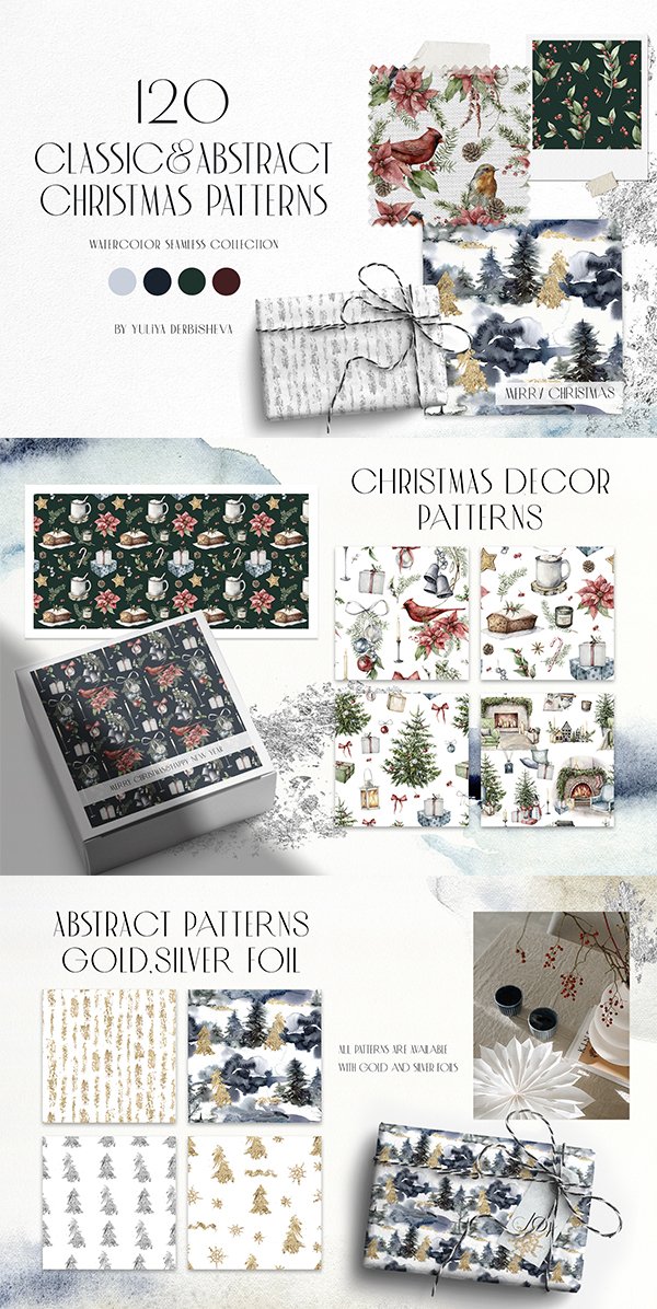 120 Classic and Abstract watercolor Christmas patterns