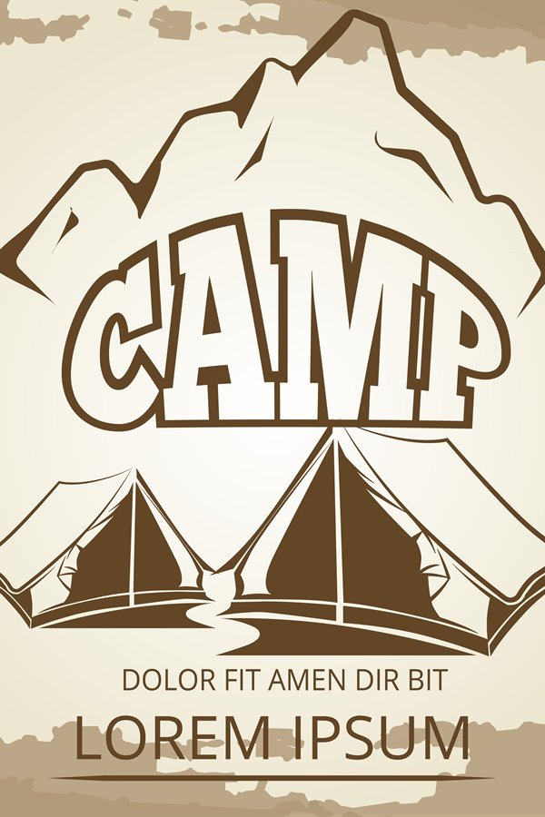 Camping label with tents and mountains on vintage background