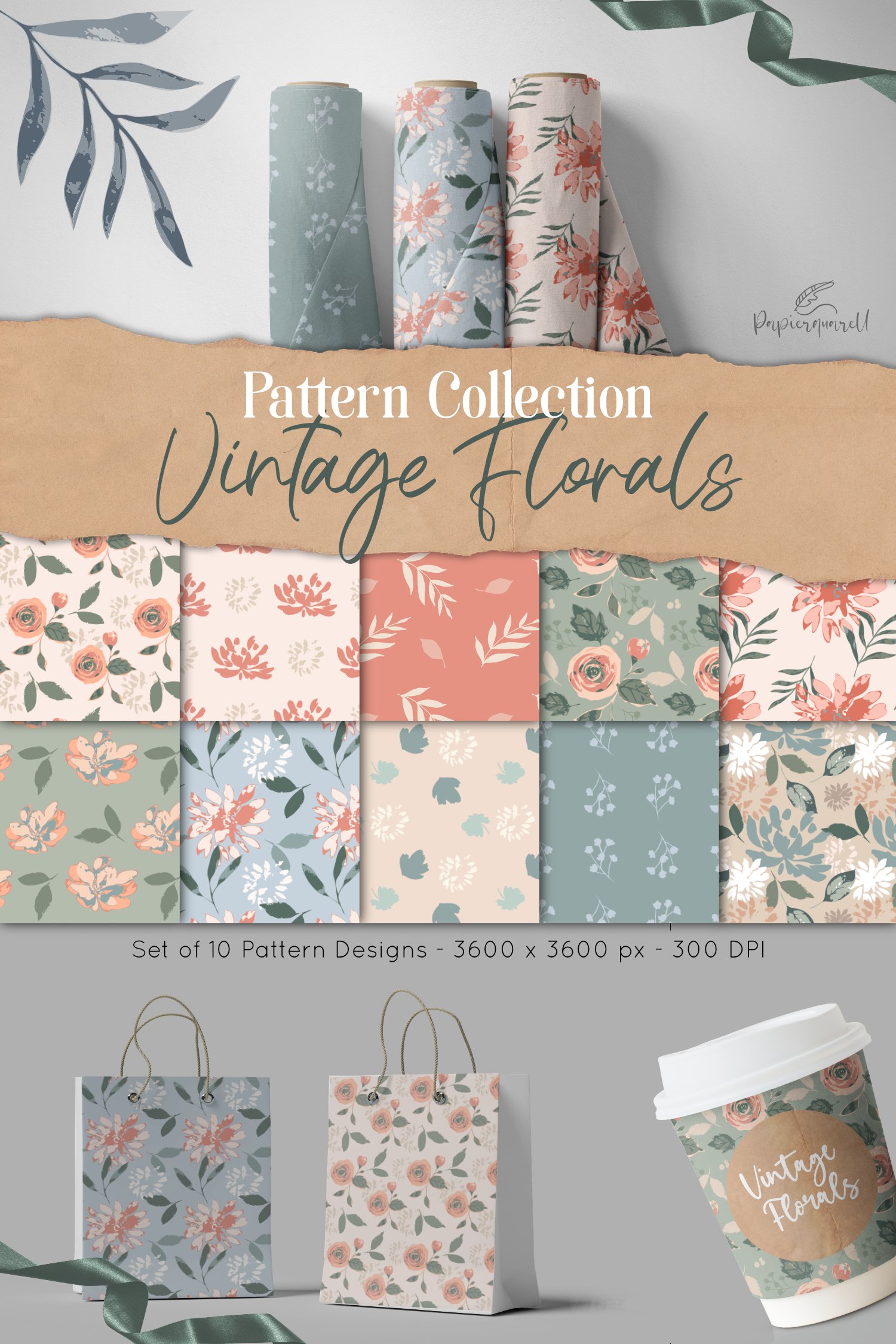 Vintage Florals Pattern Set - 10 seamless Patterns