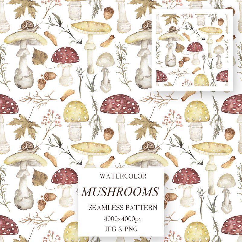 Watercolor Mushrooms Seamless Pattern set (1637294)