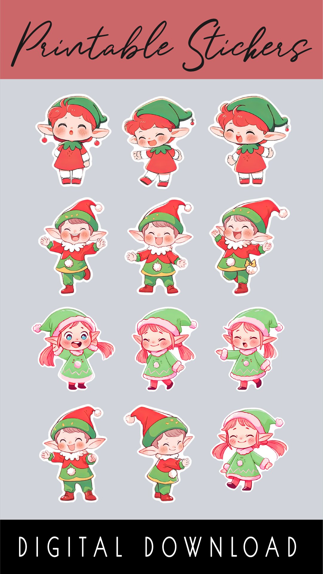 Christmas Elf Stickers, Printable Sticker Sheet