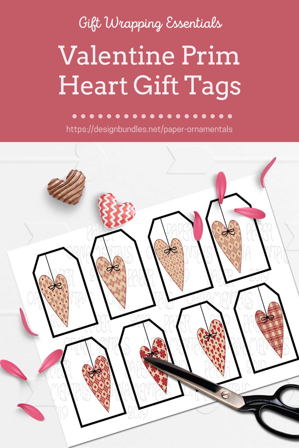 Printable Valentine Gift Tags, Prim Heart Tags Set (1100746)